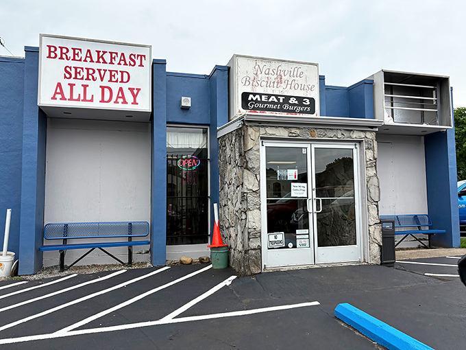 The humble blue exterior of Nashville Biscuit House promises "BREAKFAST SERVED ALL DAY" - a siren song to hungry souls in East Nashville.