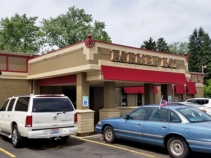 The unassuming exterior of Farmer Boy Restaurant in Akron hides a breakfast paradise within. Those red awnings are like beacons to hungry Ohioans.