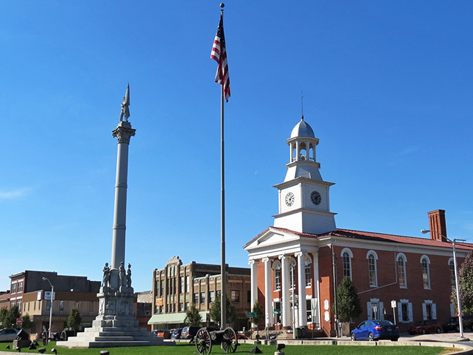 Monument Square stands as Lewistown's beating heart, where history and small-town charm converge under that impossibly blue Pennsylvania sky.