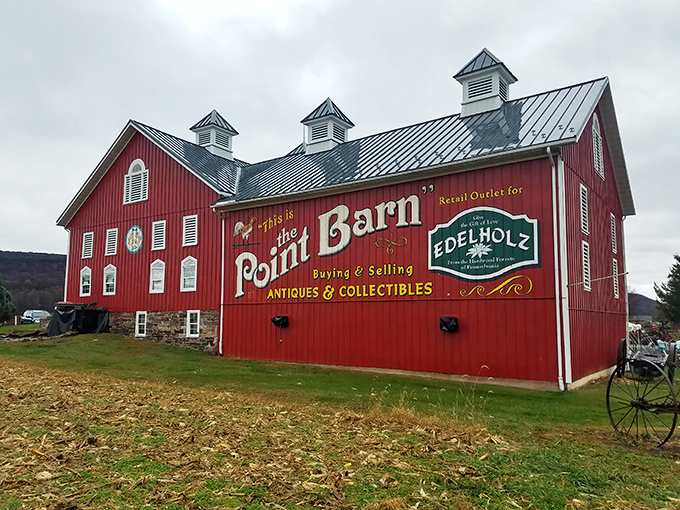 The iconic red exterior of Point Barn stands out against the Pennsylvania countryside like a beacon for treasure hunters. Those cupolas aren't just for show!