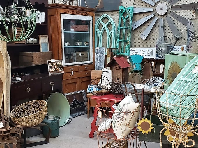 Wide, polished aisles stretch into infinity, each turn promising new discoveries. The Tiffany-style lamp beckons like a lighthouse for vintage souls.