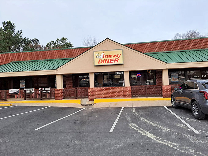 The Tramway Diner's brick facade and green roof promise the kind of breakfast that makes early mornings worthwhile.
