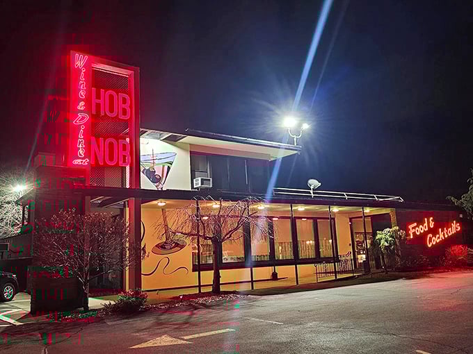 The neon glow of HobNob's sign cuts through the night like a beacon for hungry souls. Wisconsin's supper club tradition lives on in this lakeside gem.