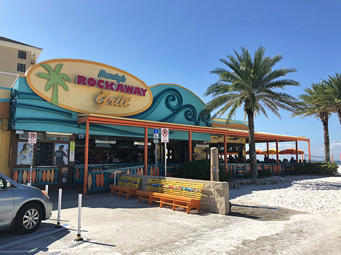 Beach paradise found! Frenchy's vibrant turquoise and coral exterior welcomes you like a tropical postcard come to life, promising seafood treasures just steps from Clearwater's sugar-white sands.