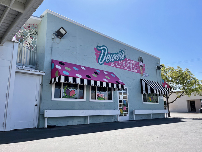 The mint-green facade with polka-dotted awnings isn't just eye-catching&mdash;it's a portal to your childhood sweet tooth memories.