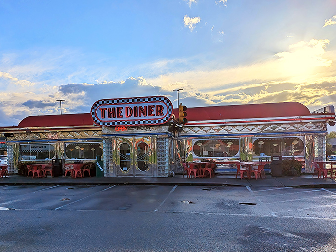 Chrome and glass gleaming in the Tennessee sunshine, The Diner's exterior promises nostalgic comfort with its classic 1950s design and unmistakable roadside charm.