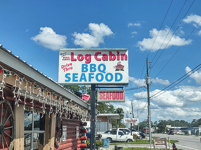 The unassuming roadside sign promises two of life's greatest pleasures: BBQ and seafood. In Florida's culinary landscape, this is the equivalent of finding buried treasure.
