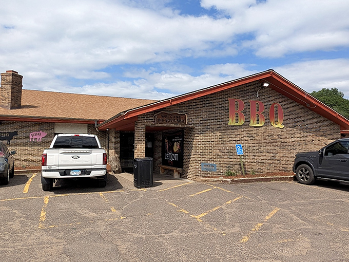 The brick exterior of Big Guy's BBQ Roadhouse promises smoky delights within. Like finding a treasure chest of meat in the Wisconsin countryside.