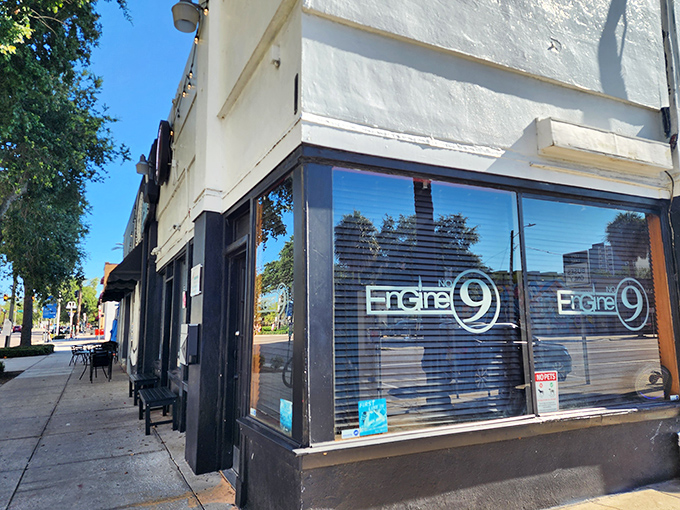 The unassuming exterior of Engine No. 9 proves once again that culinary greatness often hides behind modest facades. Burger paradise awaits inside.
