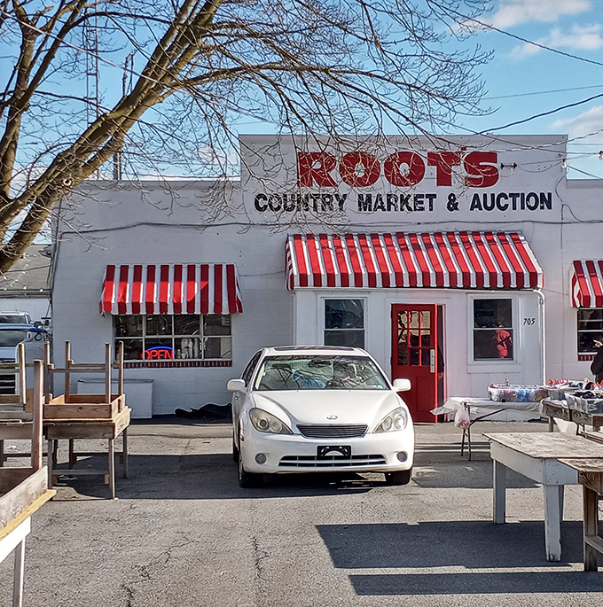 The iconic white clapboard building of Root's Old Mill stands like a beacon for treasure hunters, promising adventures in antiquing under that perfect Pennsylvania blue sky.