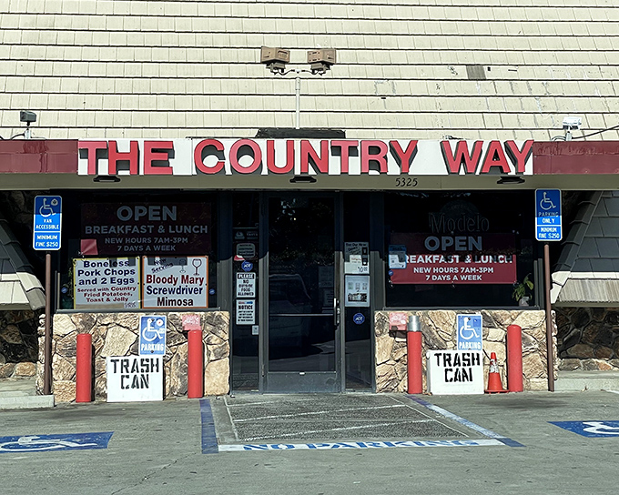 The unassuming exterior of Country Way in Fremont hides culinary treasures within. That red sign might as well say "Breakfast Paradise Ahead."