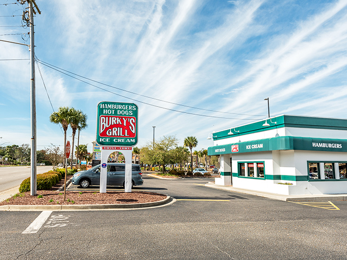The teal and white fa&ccedil;ade of Burky's Grill stands proudly under Carolina blue skies, a mid-century monument to America's love affair with the burger.