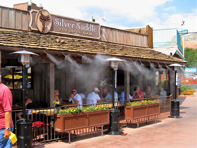 The Western welcome wagon! Cowboy Club's rustic exterior with its signature longhorn skull promises authentic Southwestern flavors against Sedona's stunning backdrop.