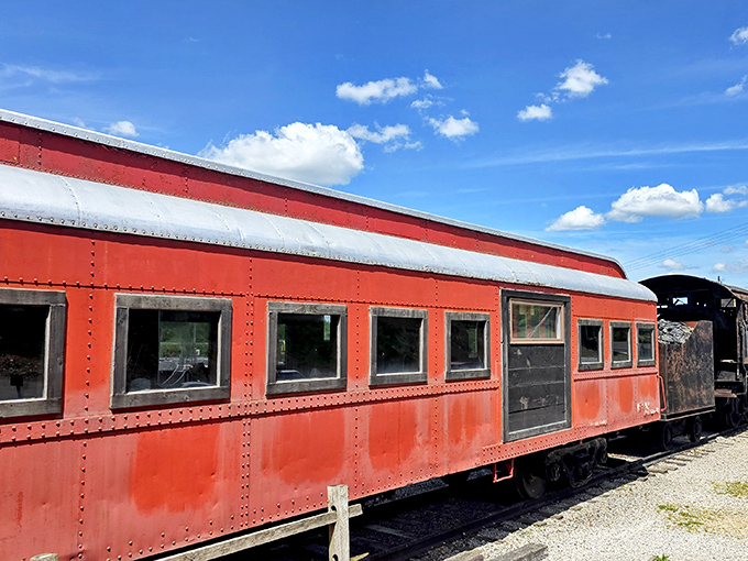 All aboard for flavor! The Buckeye Express Diner's scarlet exterior promises a dining experience where railroad nostalgia meets Ohio State pride. 