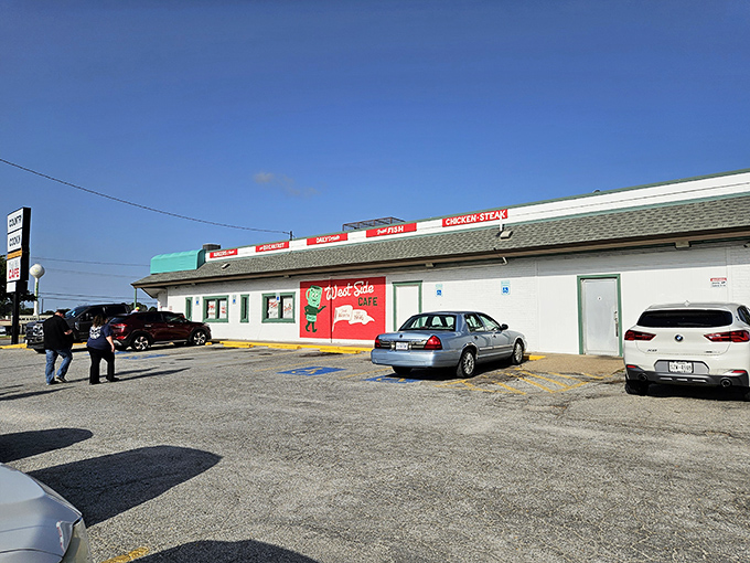 The unassuming exterior of West Side Cafe proves yet again that in Texas, culinary treasures often hide in plain sight, wearing humble architectural clothing.
