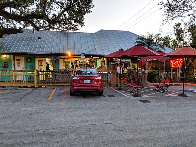 The turquoise beacon of Jupiter's food scene beckons with its metal roof and neon glow. Florida casual dining at its most authentic.