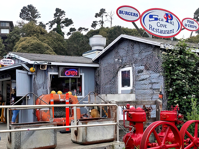 The unassuming exterior of Sea Pal Cove, where fishing nets and buoys aren't d&eacute;cor choices&mdash;they're authentic badges of honor from the working harbor.