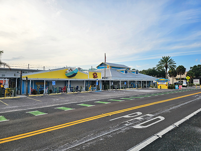 The iconic blue exterior of Crabby Bill's stands like a beacon of seafood salvation against Florida's perfect sky. Paradise found!