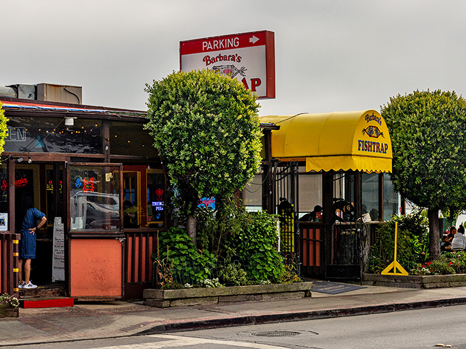 The coral-colored beacon of Barbara's stands proud against Half Moon Bay's sky, promising treasures within.