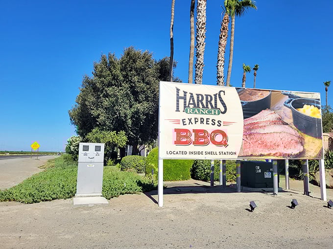 The Spanish mission-style architecture of Harris Ranch rises from the Central Valley landscape like a mirage for hungry travelers. Palm trees included, no hallucination necessary.