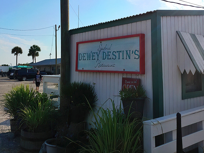 The unassuming entrance to seafood paradise &ndash; where the best Florida restaurants often hide behind modest exteriors and weathered white clapboard.