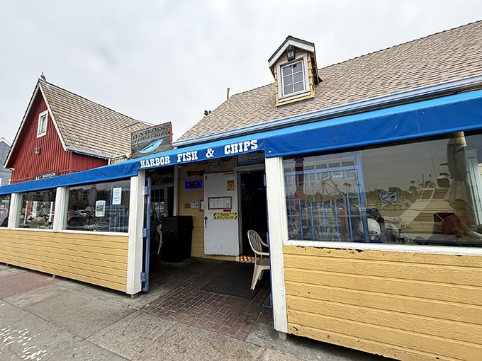The unassuming exterior of Harbor Fish & Chips in Oceanside hides culinary treasures within. Like finding Shakespeare writing in a garden shed.