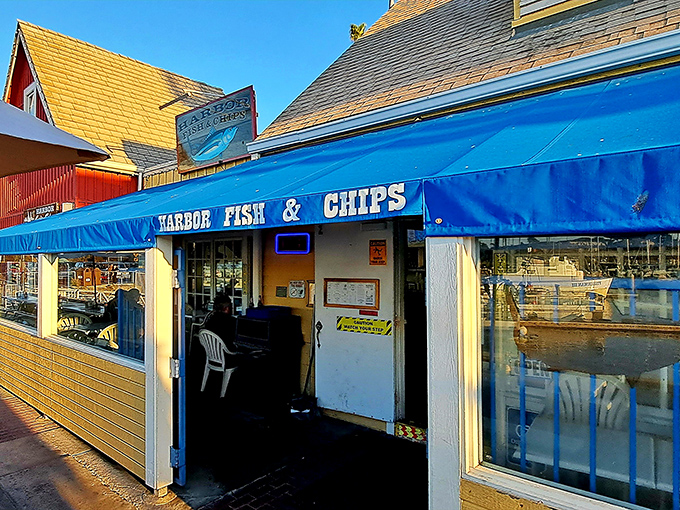 The unassuming blue awning of Harbor Fish & Chips beckons seafood lovers like a lighthouse guiding hungry sailors home to Oceanside Harbor.