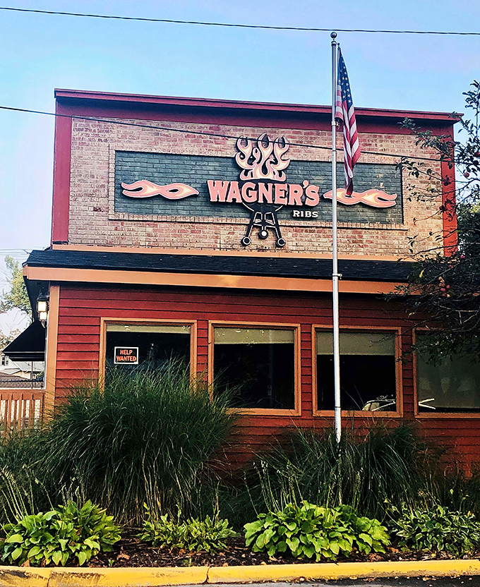 The brick-and-flame adorned exterior of Wagner's Ribs stands like a barbecue beacon in Porter, complete with American flag proudly waving visitors inside.