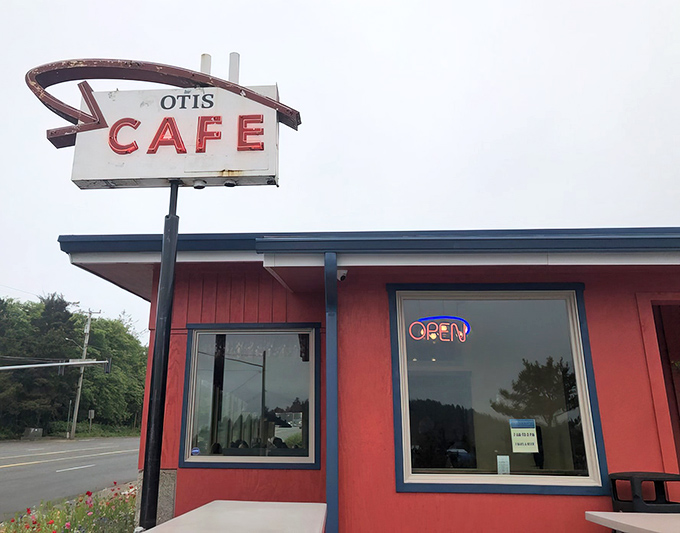 The iconic red exterior of Otis Cafe stands like a beacon of hope for hungry travelers on Highway 18. Small building, enormous reputation.