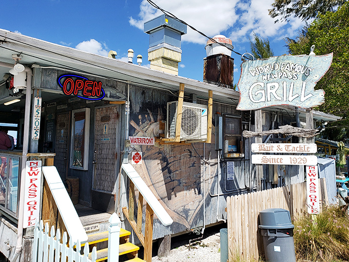 The weathered charm of New Pass Grill speaks volumes before you even taste the food. Old Florida perfection perched right on the water's edge.