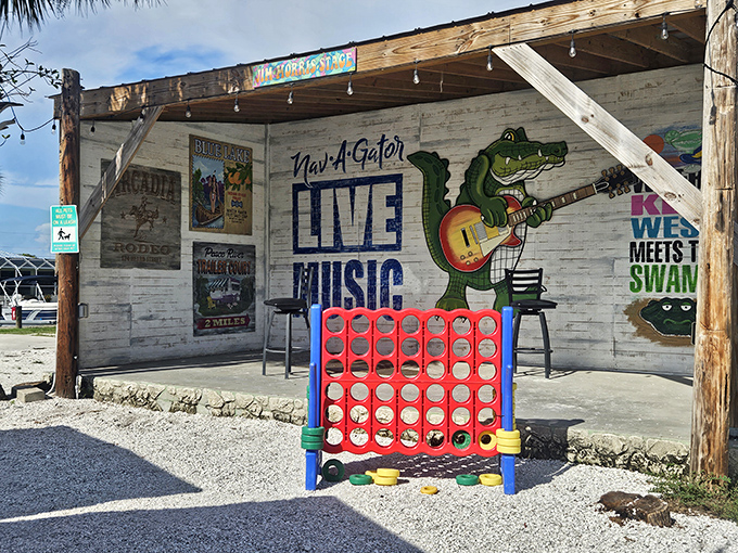 Welcome to Old Florida! Nav-A-Gator's colorful exterior promises cold beer, live music, and the kind of authentic experience that tourist brochures can't capture.