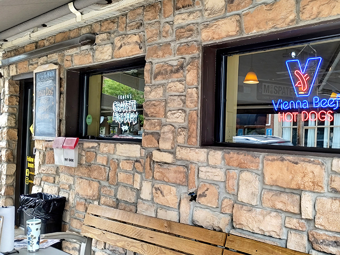 Stone-faced and unassuming, this hot dog haven's exterior is like that quiet kid in high school who turned out to be the most interesting person at the reunion.
