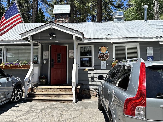 The unassuming gray cabin with its bright red door might fool you, but locals know this humble exterior hides breakfast greatness within.