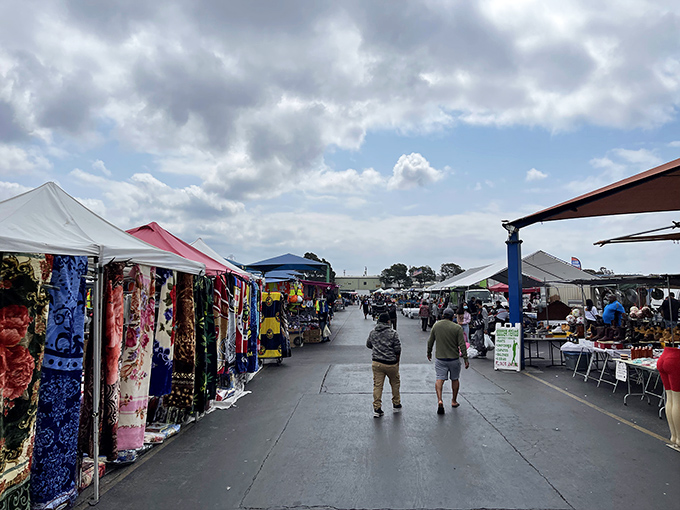 The iconic yellow and blue Coliseum Swap Meet sign stands like a beacon of bargain-hunting possibilities, promising treasures waiting to be discovered.