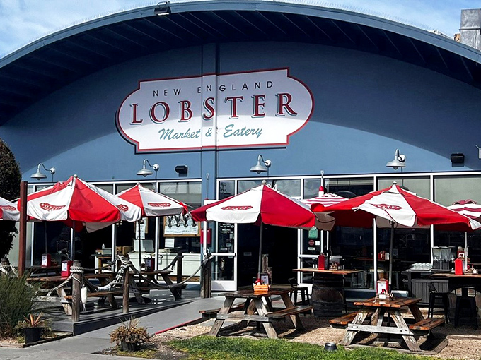 The bright blue facade with those cherry-red umbrellas is like a coastal siren song, beckoning seafood lovers to drop anchor and feast.