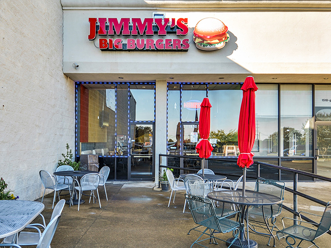 The iconic red signage of Jimmy's Big Burgers stands as a beacon of hope for hungry Garland locals. A burger paradise awaits behind those doors.