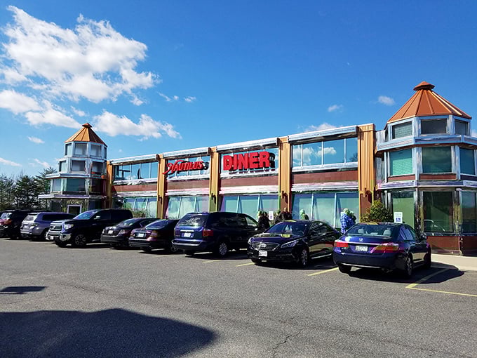 The gleaming chrome exterior of Nautilus Diner stands like a beacon of breakfast hope along Route 3, promising pancake perfection within.