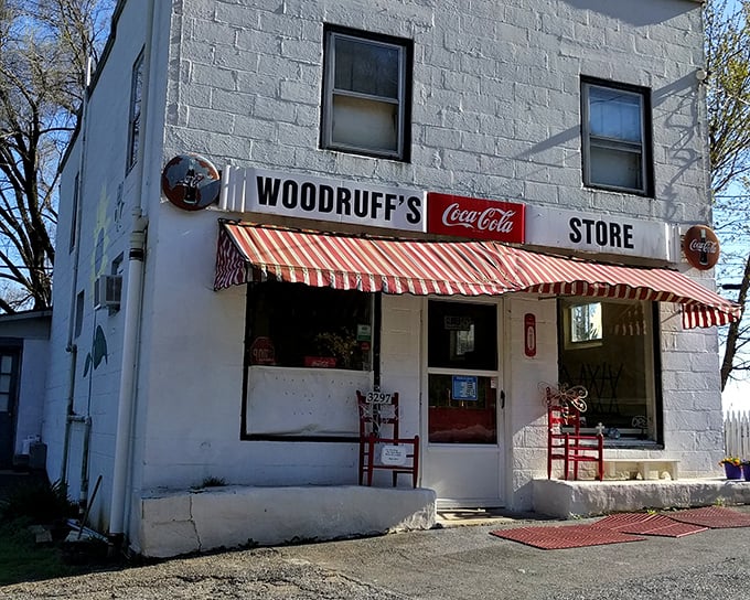 The classic white brick exterior of Woodruff's, with its vintage Coca-Cola sign and red-striped awning, isn't trying to impress anyone&mdash;it doesn't need to.