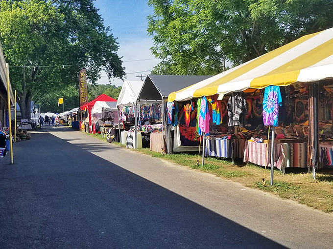 Treasure hunting under blue Indiana skies! The outdoor vendor area transforms into a bustling marketplace where one person's forgotten flag collection becomes another's prized decor.