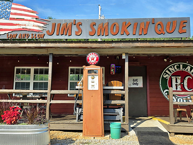 The American dream served with a side of smoke. This rustic exterior with its vintage gas pump promises barbecue authenticity before you even step inside.