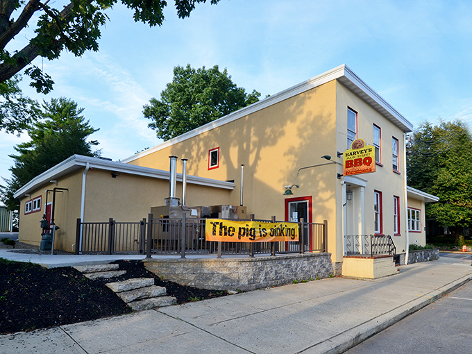 The bright yellow exterior with its "The pig is cooking" banner is like a barbecue bat signal calling hungry heroes to Mount Joy.