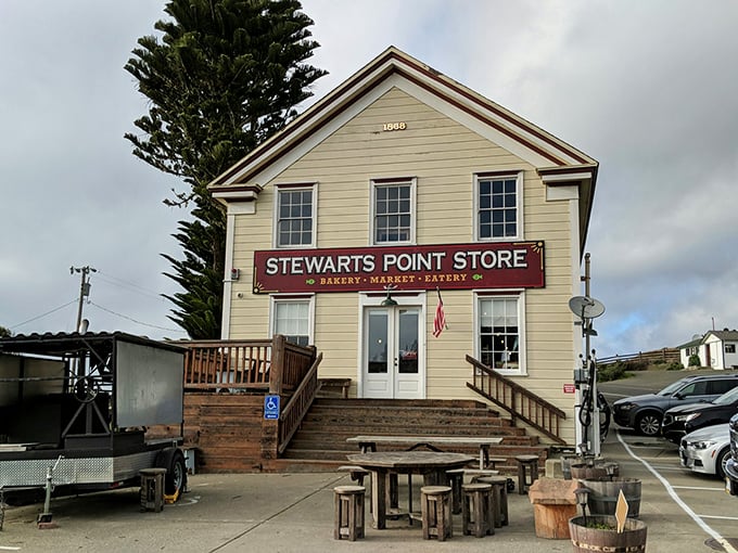 The unassuming yellow facade of Stewarts Point Store stands like a beacon of culinary hope on this remote stretch of Highway 1.