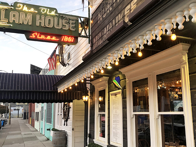History stands proudly on Bayshore Boulevard, where The Old Clam House's vintage signage tells tales of San Francisco's storied past.