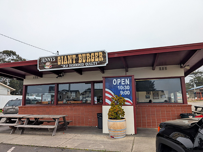 The unassuming exterior of Jenny's Giant Burger in Fort Bragg hides a burger paradise within. Like finding a diamond in a paper bag, this coastal gem delivers on its "Giant" promise.