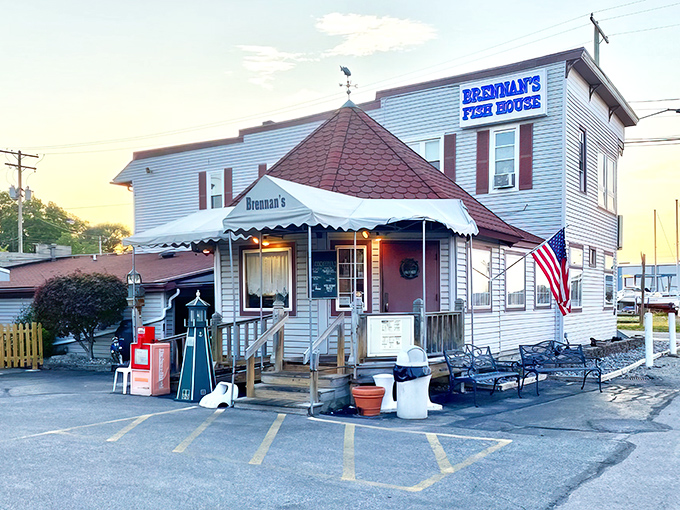 The unassuming exterior of Brennan's Fish House hides culinary treasures within. That distinctive red roof has been beckoning hungry travelers to Grand River's shores since the 1970s. 