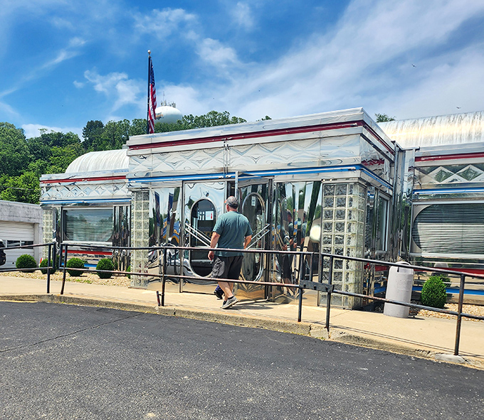The gleaming stainless steel exterior of Maddy's Diner 23 shines like a time machine to the golden age of roadside dining. Pure Americana awaits inside.