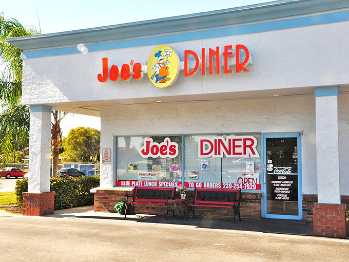 The classic red and blue signage of Joe's Diner beckons like an old friend promising comfort food and conversation in equal measure.