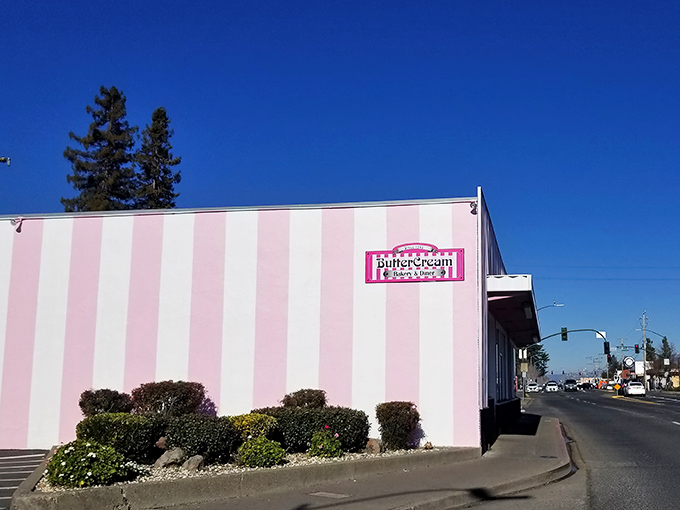 The pink and white striped exterior of Butter Cream Bakery isn't just eye-catching&mdash;it's like Willy Wonka designed a building in wine country.