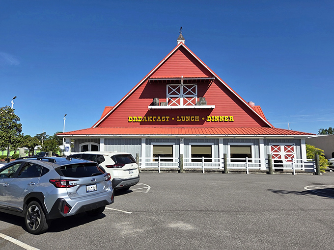 The iconic red barn roof isn't just architectural showmanship&mdash;it's a beacon of breakfast hope standing proud against the South Carolina sky. 