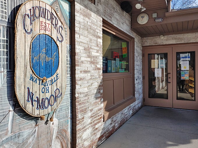 That weathered wooden sign promises maritime magic in the heart of Ohio farmland.
